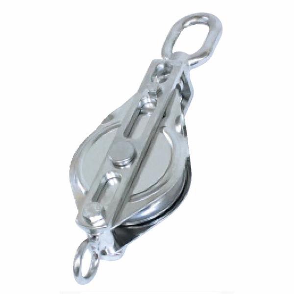 ステンレス滑車ステンレスブロック オーフ型●すべてベケットが付いています。型式 100×1BOS車径 100mm使用荷重 1000kg全長A 310mm横巾B 110mm厚さC 43mm溝巾 17mm自重 2kgメーカー スリーエッチ HHH