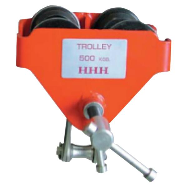 ビームトロリー●ハンドルを回すだけで、60〜150ｍｍ幅のH型鋼・I型鋼に簡単に取付けができます。【取付方法】●車輪をビームに乗せ、ハンドルを回して両輪で挟みこんでください。●ビームと車輪のガイドの感覚は円滑に動くよう1.5〜3mm（F寸法...