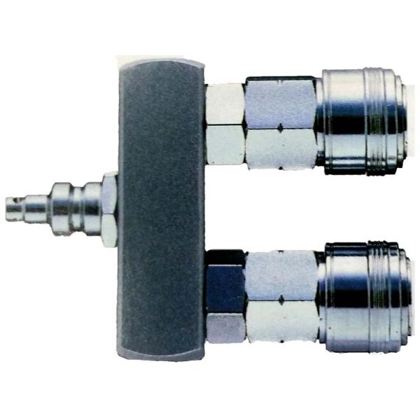 ・高圧用釘打機に対応したカプラプラグ。・高圧空気配管(3.0Mpa)の接続・分離が瞬時。・1つの配管から2つの配管口にエアを分岐仕様　適用流体：空気　最高使用圧力：3.0Mpa　規格：固定　本体質量：300g