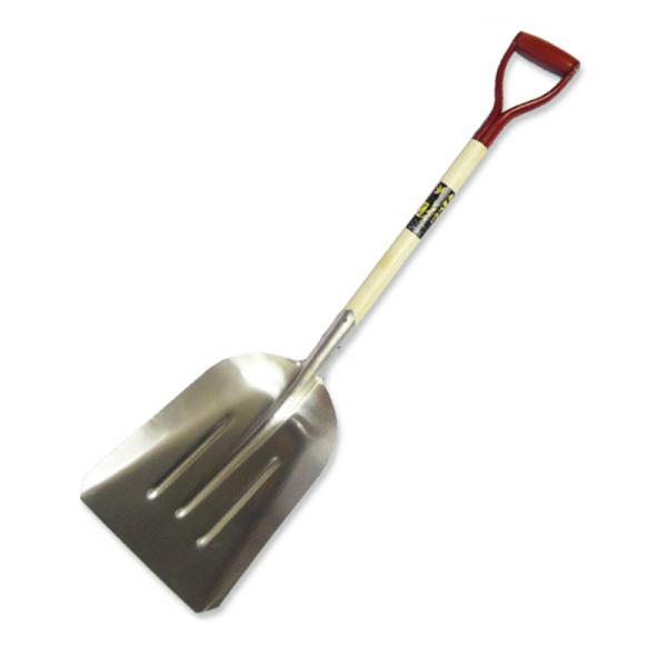 雪を押し出す作業に最適です。アルミ製ですので、軽くて錆びにくいので、ガンガン使えます。 ■ サイズ / W 270 × H 1,085mm ■ 材　質 / 皿　:　アルミニウム(2mm厚) 　　　　　　柄　:　天然木