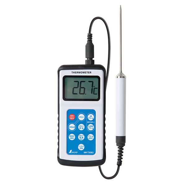 手もとで温度が確認できる隔測式。ホールド機能付き。温度センサーを差し込んで中心温度測定ができるプローブ型。測定を始めてから現在までの最高・最低の温度を表示可能。用途に応じて別売のプローブに付け替え可能。HI・LOWアラーム機能で設定した温度...
