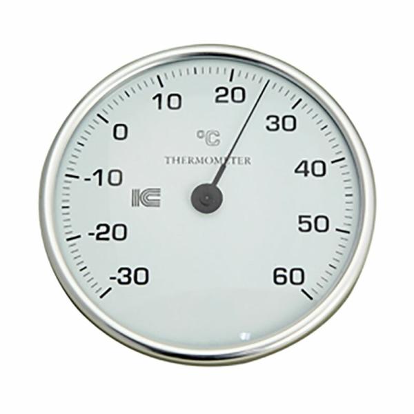 【商品紹介】バイメタル式で温度がひと目でわかります。シンプルなデザインです。裏面には壁掛け用にフック穴があいています。また、スタンド付きですので卓上型としてもお使いいただけます。フレーム部分はアルミ二ウム製です。【規格】●測定範囲：−30〜...