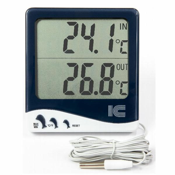 【商品紹介】3mの外部センサーがついた温度計で、2ヶ所の最高最低温度を測定し記憶することができます。センサーコードは防水なので水槽にも使えます。壁掛けまたは卓上でお使いいただけます。【規格】●測定範囲：本体：-50℃〜70℃　　　　　　セン...