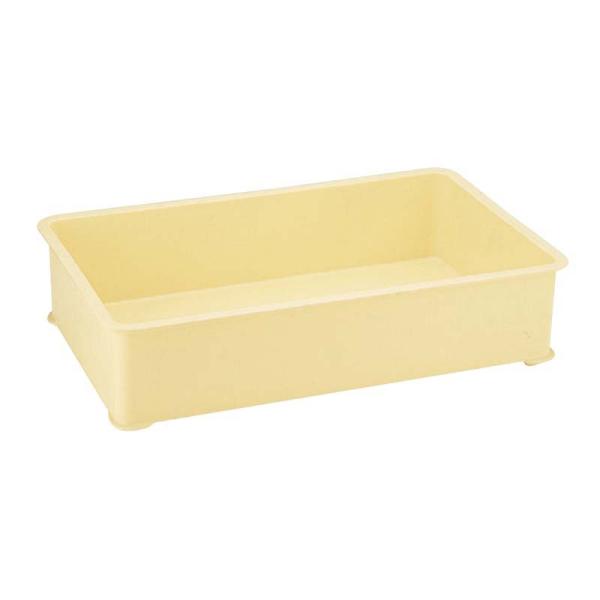 底面両端側に低いリブ構造を設置した、下駄のように底面を浮かせた形状です。地面に接する面積が少ない為、汚れが付きにくく衛生的です。型　番：B型サイズ：684×423×H100mm容　量：21.4L材　質：PP（ポリプロピレン）