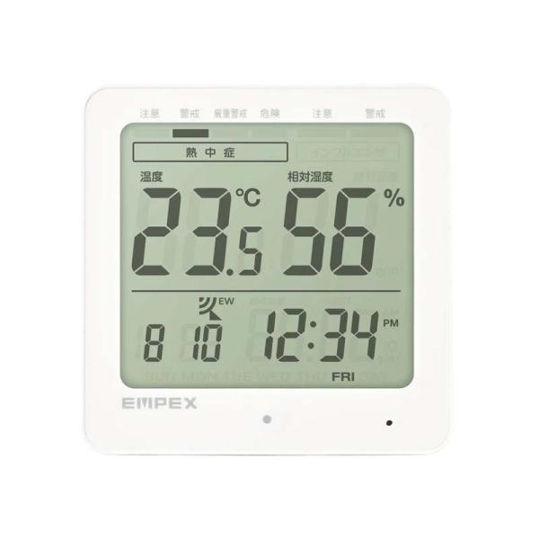 多彩な情報がこれ1台でわかる多機能なデジタル温度・湿度計！●熱中症注意目安アイコン（注意、警戒、厳重警戒、危険）●熱中症アラーム（ピピピ音と赤色LED）●季節性インフルエンザ感染防止目安アイコン（注意、警戒）●温度●相対湿度●絶対湿度、WB...