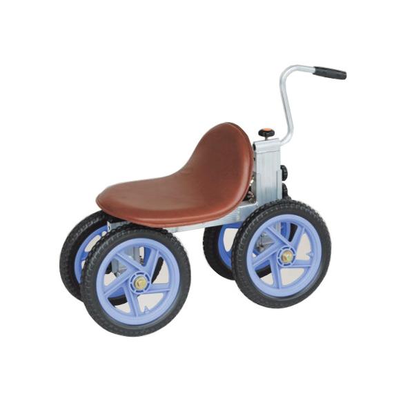 タイヤが１２インチと大きく走行がスムーズ！腰への負担が軽減されます。また八の字のタイヤ構造は安定性がバツグンです。特殊な形状に仕上げたイスは、クッション性もよく長時間作業しても疲れません。またイスが回転するため、前後左右どちらの方向でも楽な...