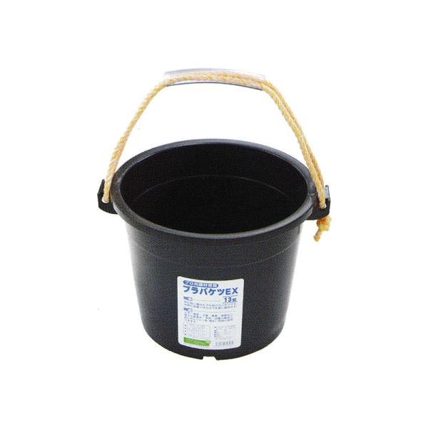 プラバケツEX13型　黒 ・プロ向け建材容器です。・環境にやさしいリサイクル材料の（家庭のプラスチック資源ごみ）を使用しています。・主原料に特殊PEを配合することによって柔らかく割れにくくなっています。●商品仕様材質：　本体　容リ材(PP・...