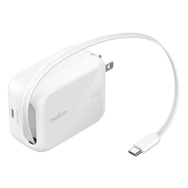 【発売日：2026年04月01日】WCH022qcWH belkin ベルキン BoostCharge Pro 67W 1ポート 巻き取り式USB-Cケーブル付き GaN充電器