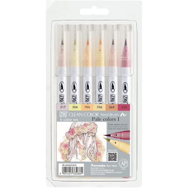 毛筆タイプのカラーペン「クリーンカラーリアルブラッシュ」のペールカラー6色セット筆ペンタイプなので、線描き・ベタ塗りが自由自在スケッチやデザイン画、イラストやコミックなどいろいろな用途に使えます【色調】ペールカラー1【インキ】水性染料インキ...