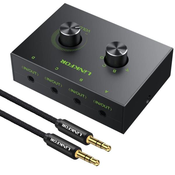 ◆商品名はコチラ：LiNKFOR 4ポート オーディオスイッチャー 4入力1出力/1入力4出力 3.5mm ヘッドフォン スイッチ スピーカー セレクター 切 ◆商品情報：・「3.5ｍｍステレオ音声切替器」：標準3.5mmインターフェースを...
