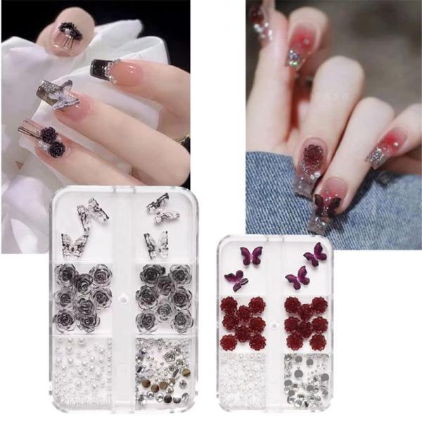 ◆商品名はコチラ：DUOLEIMI ネイルパーツ 蝶々 花 ネイルデコパーツ パール リボン ラインストーン ビーズ 蝶 立体 DIY ネイル用 3D バタフ ◆商品情報：・6つ仕切りケース、2種色、赤＆黒。・ケース付きで、携帯と収納は便利...