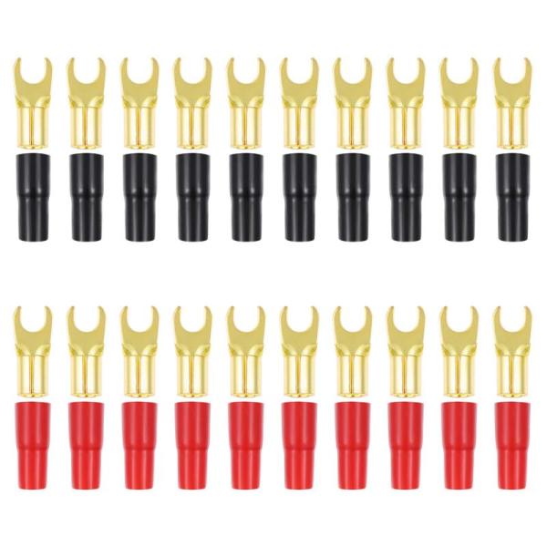 ◆商品名はコチラ：POPETPOP Yラグ端子 Y型プラグ 金メッキ カーワイヤYプラグ ケーブルコネクター 無はんだ端子アクセサリ20点セット 8GA ◆商品情報：・【10組20点セット】赤と黒の保護ブーツ付きYラグ端子を10組同梱全部２...
