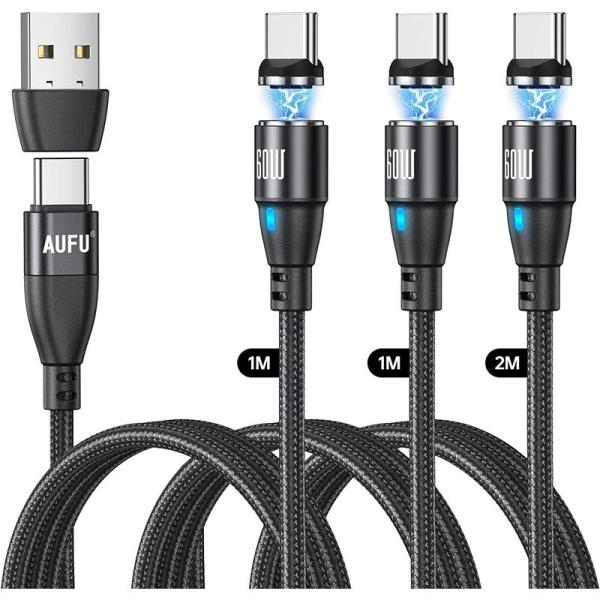 ◆商品名はコチラ：9pin マグネット 充電ケーブル 60W PD ケーブル QC3.0急速充電 超高速データ転送 1m+1m+2m +Type-C端子・3個 ◆商品情報：・【360°回転 &amp; 片手操作 &amp; 強化ナイロン製 ...