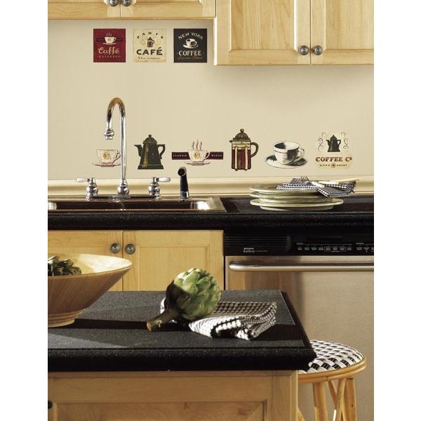 アメリカ生まれの「何度も貼って・はがせる」ウォールステッカー☆どこか懐かしい、カントリーテイストのカフェモチーフ。【内容】4シート・31ピース【サイズ】25.4cm×45.7cm／4枚入【シールタイプ】半透明【ウォールステッカー コーヒーハ...