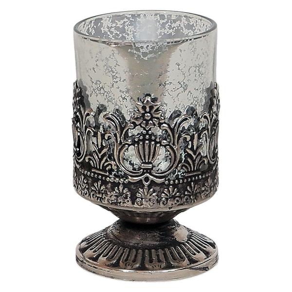 【サイズ】約直径6×高さ10.5cm【素材】ガラス・スチール【原産国】中国※色、形、サイズ等個体差がありますのであらかじめご了承ください。※素材の特性上、表面の歪み、凹み等がある場合がございます。※アンティーク調仕上げです。塗装はげ、サビ、...