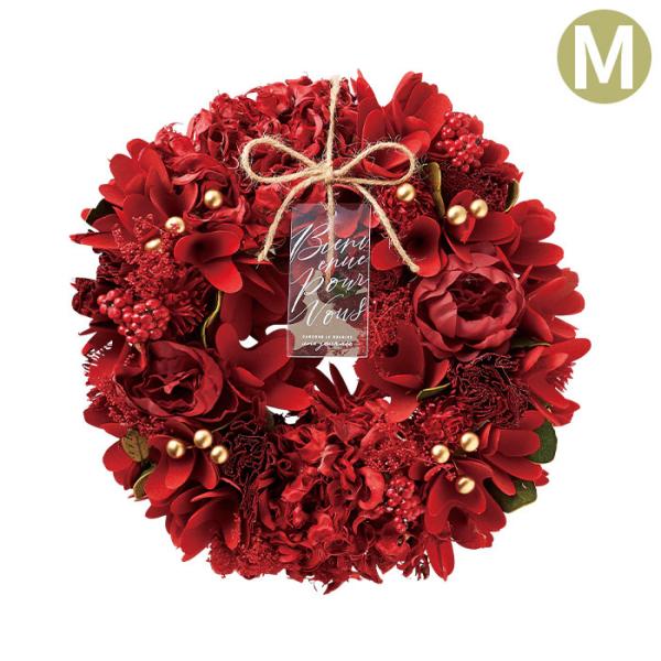 真っ赤なカーネーションの花束をイメージしたリース。母の日の贈り物にも。【透明プレートの訳】Bienvenue：ようこそPour Vous：あなたのためにGARDONS LE SOURIRE：笑顔でいようune journee：1日【サイズ】...