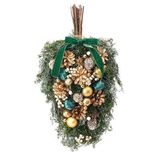 吊るすだけで簡単にナチュラルテイストな空間の引き立てに。前面のみボリュームのある、半立体型で使いやすいクリスマススワッグです。【サイズ】約幅210×奥行110×高さ380mm（平均）【素材】天然素材・ポリプロピレン・プラスチック・綿・発泡ス...