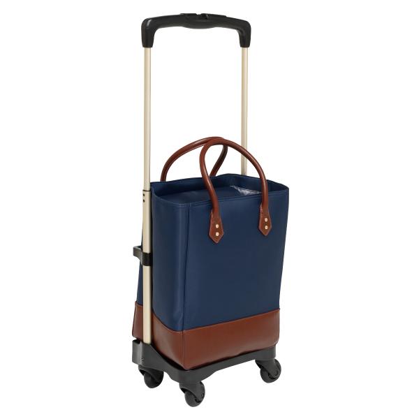 ●手元のボタンを押すだけで簡単に高さ調節可能(誤動作防止カバー付)●バックが大きく開くので、荷物の出し入れがラクラク　【商品詳細】カラー：ネイビー サイズ：使用時/幅315×奥行200×高さ700〜860mm、折りたたみ時/幅315×奥行2...