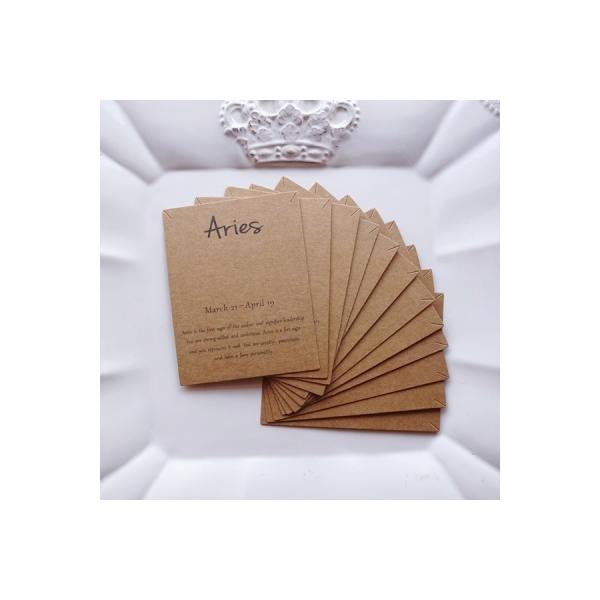 12星座のディスプレイ用紙☆クラフト紙なのでとても可愛いくおしゃれです♪上部に2か所切れ込みが入っていますので、ネックレス、ブレスレット、アンクレットなどにもお使いいただけますし、お好みの場所に穴をあけたり切れ込みを入れて、ピアスやイヤリン...