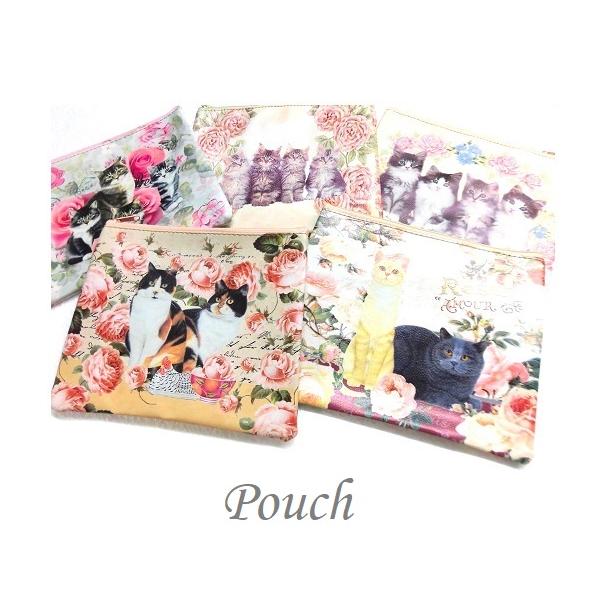 フラットポーチ　ローズキャット　5種　お届け方法ゆうパケットメール便で3個まで　指定日代引き不可生産地中国　素材ポリウレタン　サイズ　W20xH16.5xD0.8cm