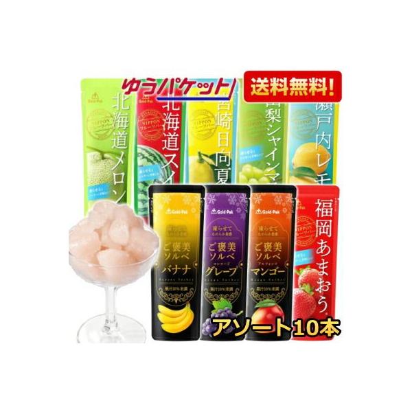 【10本入】ゆうパケット送料無料 ゴールドパック 9種類アソートセット 80gパウチ×10本(9種×各1本、お店におまかせ×1本) 果汁 シャーベット ジュース アイス 詰め合わせ ギフト シャインマスカット メロン スイカ レモン あまお...