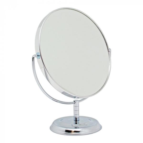 丸型片面拡大鏡付の両面ミラーです。片面は通常平面鏡です。 生産国:日本 素材・材質:鏡:ガラスフレーム:アルミ二ウム・スチール 商品サイズ:本体:198×173×87mm、鏡面:φ145mm 仕様:組立式　※サプライヤー直送品　　