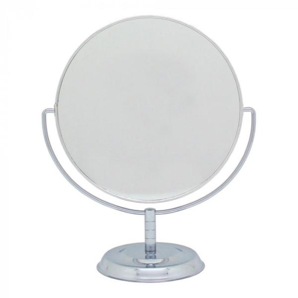 丸型片面拡大鏡付の両面ミラーです。片面は通常平面鏡です。 生産国:日本 素材・材質:鏡:ガラスフレーム:アルミ二ウム・スチール 商品サイズ:本体:198×173×87mm、鏡面:φ145mm 仕様:組立式　※サプライヤー直送品　　