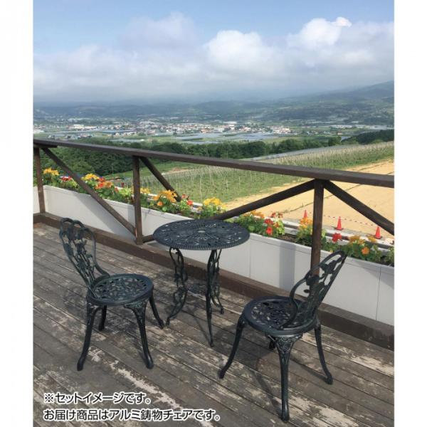 優雅なデザインの鋳物テーブルチェアです。 生産国:中国 素材・材質:アルミ鋳物 商品サイズ:イス:W395×H830×D430×SH410mm、座板部:φ370mm 仕様:組立品、色:青銅色　※サプライヤー直送品　※2023年10月10日入...