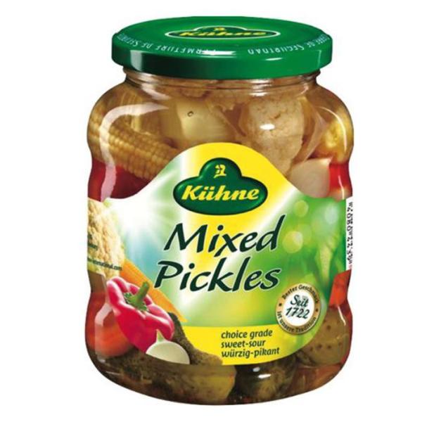 コーニッション、カリフラワー、赤ピーマン、シルバーオニオン、にんじん、ベビーコーンの6種類の色どり豊かな野菜をビネガーに漬けました。 生産国:ドイツ 賞味期間:720日　※サプライヤー直送品　　