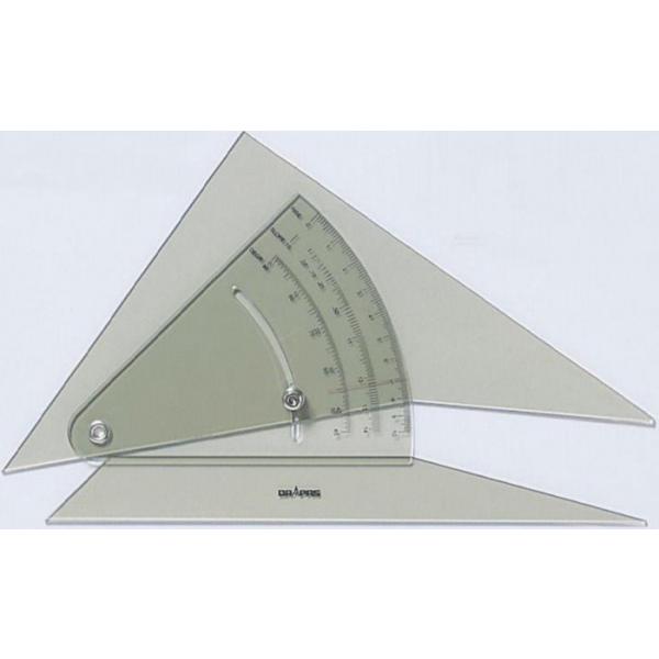 二等辺三角形の直角以外の二角が自由に動き、その和が常に90度になりますから、あらゆる角度と勾配を求めることができます。角度目盛、勾配目盛、斜面比目盛がついています。T定規、平行定規と併用してください。建築設計には必携の用具です。グレースモー...