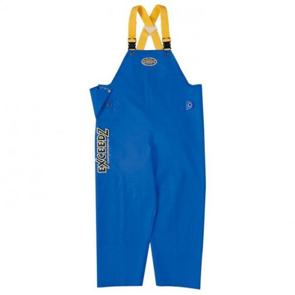 PVC水産用合羽の胸付ズボンです。腰下の「EXCEEDZ」マークがポイント。もちろんプロも納得の造りです。 生産国:中国 素材・材質:表面:PVC(耐寒配合)裏面:ポリエステル100% 商品サイズ:4L 仕様:総厚:0.4mmはっ水着脱式調...