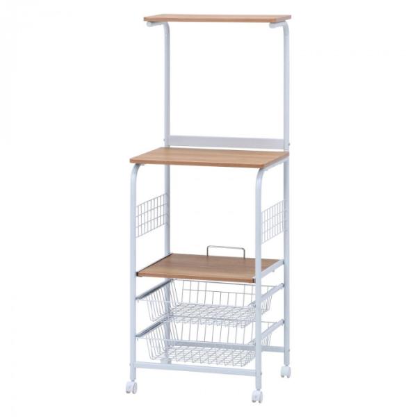 たっぷり収納できるレンジワゴンです。 生産国:中国 素材・材質:甲板の表面材:合成樹脂化粧パーティクルボード(塩化ビニル樹脂)構造部材:金属(鋼)(エポキシ樹脂塗装) 商品サイズ:全体:幅515×奥行410×高さ1405mm、バスケット内寸...