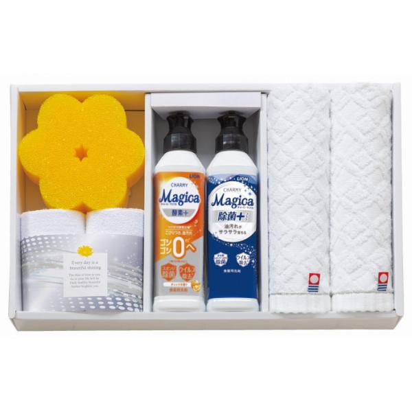 ナノ洗浄でベタつく油汚れもサラサラ落とす食器用洗剤・チャーミーマジカと、今治タオルやマイクロファイバークロスがセットになった、役立つキッチン洗剤ギフトです。 生産国:中国 素材・材質:ウォッシュタオル:綿100%、マイクロファイバークロス:...