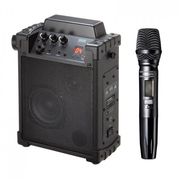 講義やイベントなどで簡単にセッティングができる拡声器スピーカーとマイクのセットです。ワイヤレスマイク1本を同梱しており、自由に移動しながら拡声が可能です。別売りの有線マイクを追加することで最大2本までマイクを同時利用できます。ワイヤレスマイ...