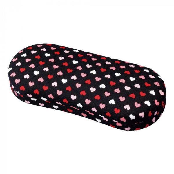 ハート柄が可愛いメガネケースです。 生産国:中国 素材・材質:スチール/コットン 商品サイズ:内寸:約W150×D60×H30mm 重量:約105g 仕様:・バネ式・ハードタイプ・鼻当:なし・内貼り:ブラック　※サプライヤー直送品　　