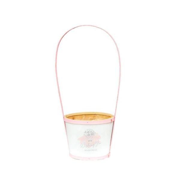 ワンカラーに手書き風のシンプルなロゴ入りです。 生産国:中国 素材・材質:ウッドチップ、紙 商品サイズ:φ16×H13cm、ハンドル含む高さ:40cm 仕様:内ビニール有　※サプライヤー直送品　　