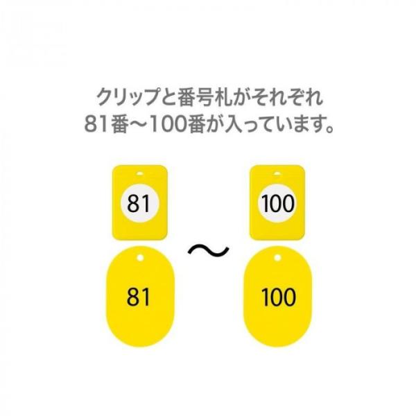 クリップ+番号札。20番単位で購入できます。 生産国:日本 素材・材質:番号札:再生樹脂クリップ:樹脂 商品サイズ:クリップ:W33×D46×H27mm、番号札:W40×D60×H2.7mm 重量:16.7g 仕様:81~100番　※サプラ...