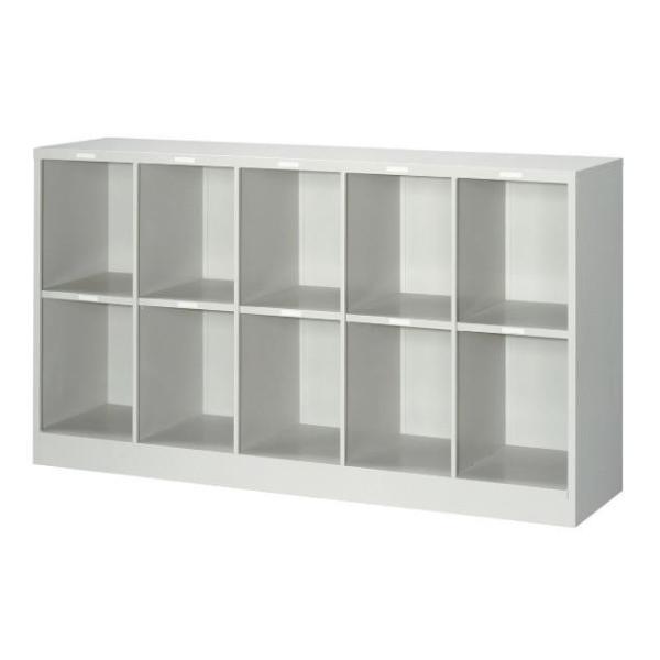 5列2段の背面ケースロッカーです。 生産国:日本 素材・材質:SPCC 商品サイズ:外寸法:W1570×D400×H880mm、内寸法:W296×D386×H370mm 重量:30.0kg 仕様:完成品耐荷重:一マス当たり10kg 付属品:...