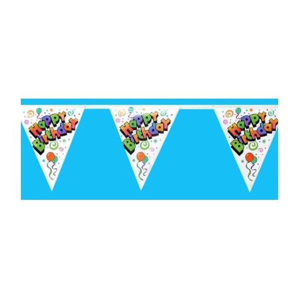 HAPPY BIRTHDAYのペナントバナー。メインの方のバックに貼って記念撮影もバッチリ。ビニール製なのでアウトドアでも使用できます。 生産国:中国 素材・材質:ビニール 商品サイズ:365cm、ペナントサイズ:H27×W22cm 仕様:...