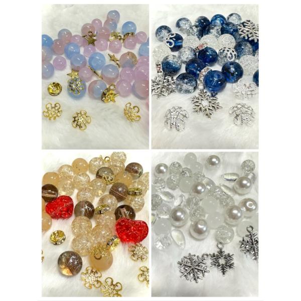 ガラスビーズメインのミックスビーズです。手芸のワンポイント、アクセサリー作りに。ネイビーとホワイトはおまけで雪の結晶チャーム×3個シルバーキャップパーツ×6個シルバーストーン付きロンデル×4個ゆめかわパープルは桜のアクリルパーツ(穴なし)1...