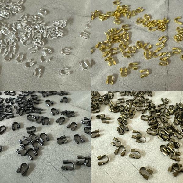 ビーズストラップを作る際や、ネックレス、ブレスレットなどアクセサリー作りに。留め具等からのワイヤーやテグスのほつれを保護する為に使用します。とても小さなパーツになります。100個前後約3.4gでの販売です。サイズ 約 幅4 mm×長さ5mm...