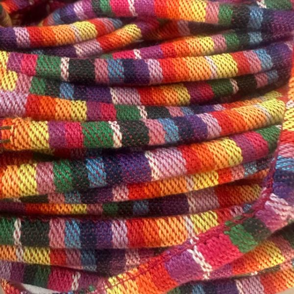 エスニック柄のコード(紐)です。1メートル での販売です。2点以上のご注文の場合は極力カット無しの全て繋がっ状態で納品致します。ご注文数が20m等多い場合は10mずつが2点など分かれてしまう場合もございます。商品の特性上、布地部分に繋ぎ目の...