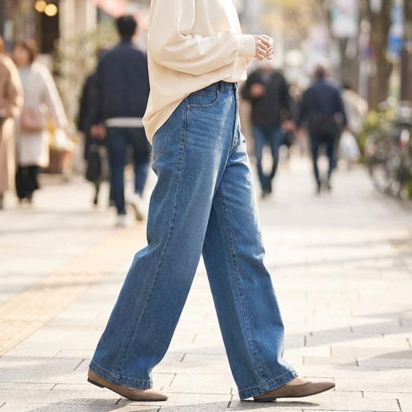 【履くだけで脚長！大人の美脚ワイドデニム】綿100%の本格素材を使用した、Sans Souci 34+のハイウエストデニム。楽ちんな履き心地と美しいシルエットを両立しました。【推しポイント】■脚長効果バツグンのハイウエスト腰位置を高く見せる...