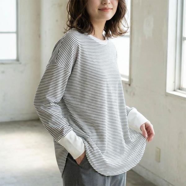 【着心地最高！伸縮リブのボーダーPO】毎日着たくなる心地よさ。Sans Souci 34+の新作は、ストレッチの効いたリブ素材を使用したプルオーバーです。【推しポイント】■伸びる！ストレッチリブ素材程よい厚みと伸縮性のあるリブ生地を使用。動...
