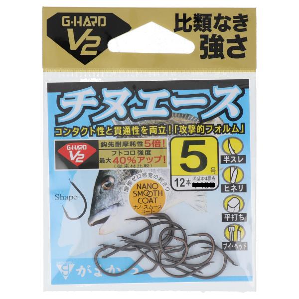 がまかつ  ●針号数:5号 ●針重量:114.4mg ●線径:φ0.86mm ●強度:(フトコロ)6.6kgf ●入数:12本 ●推奨ハリス:2.0〜5.0号 ●代表対象魚:クロダイ（黒鯛）|【がまかつ/Gamakatsu】高強度・高硬度・...