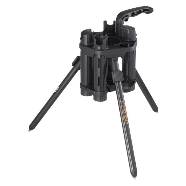 ダイワ プレッソ  標準でロッド4本、プレッソロッドスタンドαブースターキット(別売り)追加で最大6本まで拡張可能。 タックル同士の干渉を極力抑える円形放射状配置。 折りたたみ構造のため、コンパクトに収納ができ、三脚構造のため安定性が高い。...