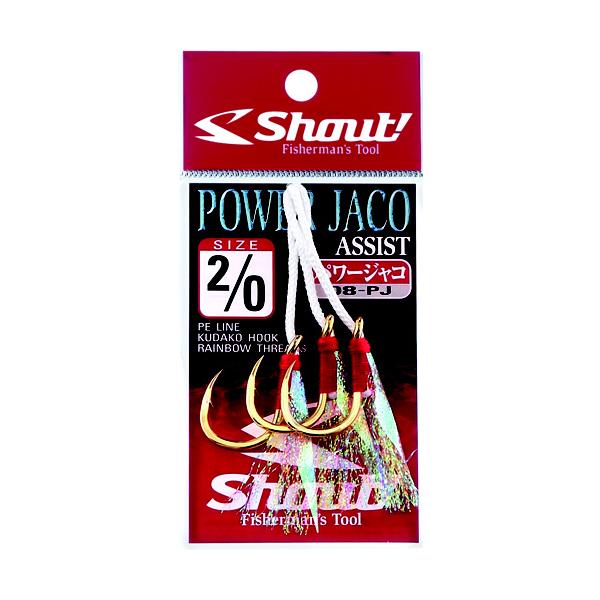 シャウト  ●サイズ:2/0 ●代表対象魚:ヒラマサ・カンパチ|刺さり抜群の近海用アシストJACO HOOKのパワータイプ。根に入られやすいカンパチや、ヒラマサを強引に止めたい時にお使いください。もちろんターゲットに対するアピーる力はJAC...