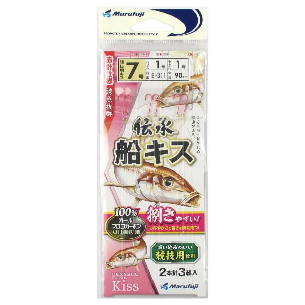 まるふじ  ●使用針:競技用キス ●針号数:7号 ●入数:2本針×3組 ●全長（針・仕掛）:90cm ●ハリス号数:1号 ●素材:フロロカーボン 100% ●モトス:1号 ●釣り方、フィールド（詳細）:船釣り ●代表対象魚:キス（鱚）|【ま...