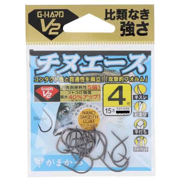 がまかつ  ●針号数:4号 ●針重量:96.2mg ●線径:φ0.81mm ●強度:(フトコロ)5.9kgf ●入数:15本 ●推奨ハリス:2.0〜3.5号 ●代表対象魚:クロダイ（黒鯛）|【がまかつ/Gamakatsu】高強度・高硬度・耐...