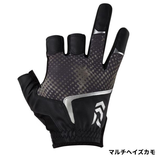 ダイワ  UPF50+ ●カラー:マルチヘイズカモ ●サイズ:M ●素材1:[甲] (本体) ポリエステル87%、ポリウレタン13% / (部分) 合成皮革 ●素材2:[掌] (本体) 合成皮革 / (部分) 合成皮革|甲側にはUVケア(U...
